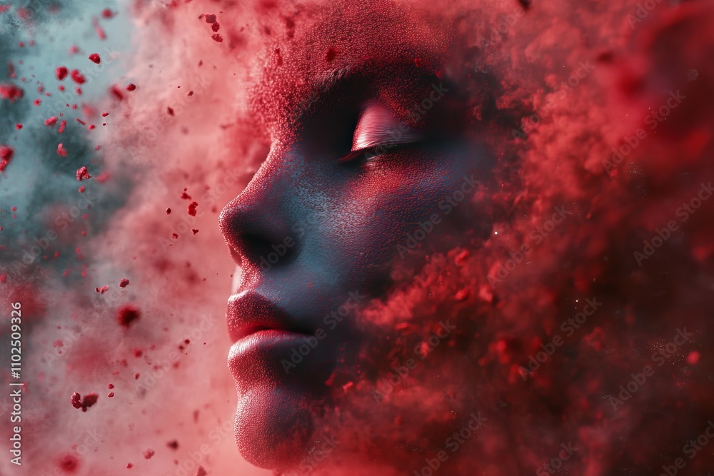 Abstract face dissolving into red particles human identity and ai ...