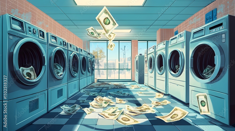 Flying money banknotes in a laundromat with washing machines, money ...