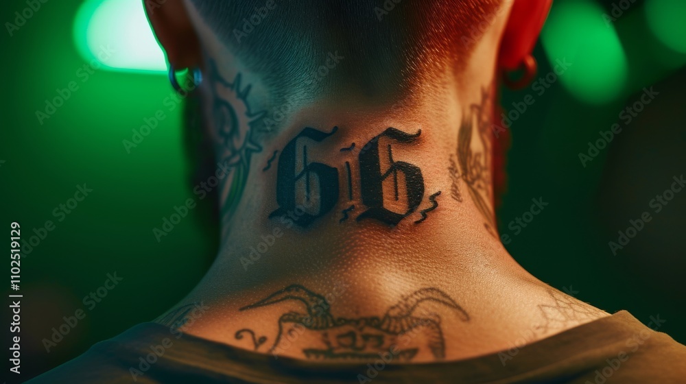 A striking tattoo of gothic-styled numbers 66 on the back of a person's ...
