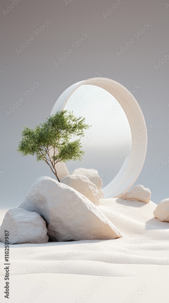 Minimalistic desert landscape with lone tree encircled by abstract ...