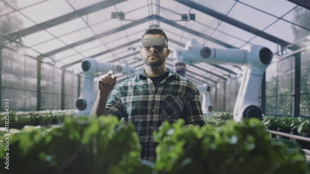 Agricultural Engineer Wearing Smart Glasses In Modern Automated ...