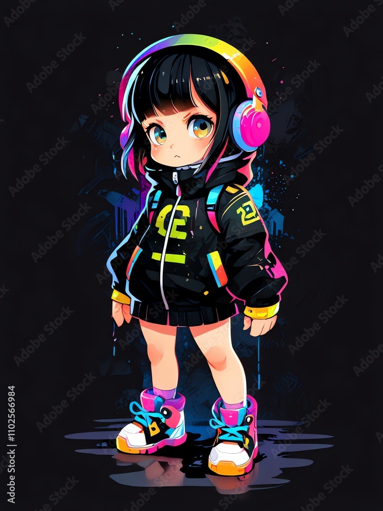 Neon Girl: A vibrant digital art piece depicting a stylized anime girl ...