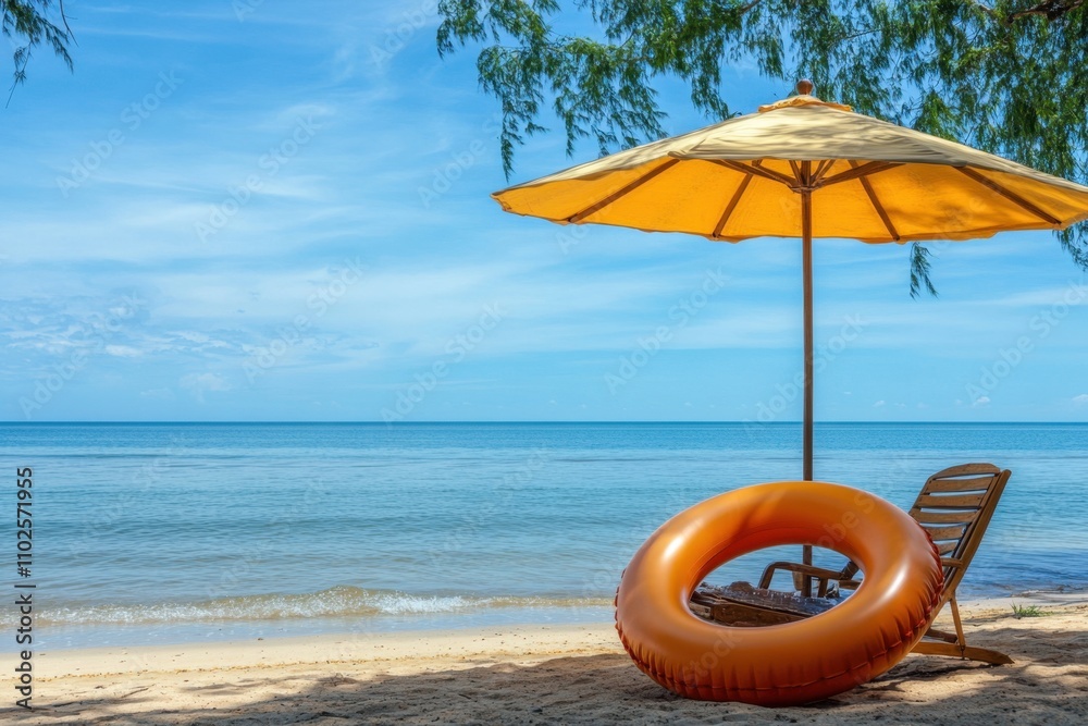 Idyllic tropical beach setup with umbrella, chair, and inflatable ring ...