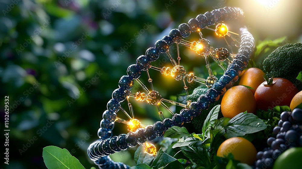 A vibrant depiction of DNA intertwined with fruits and greenery ...
