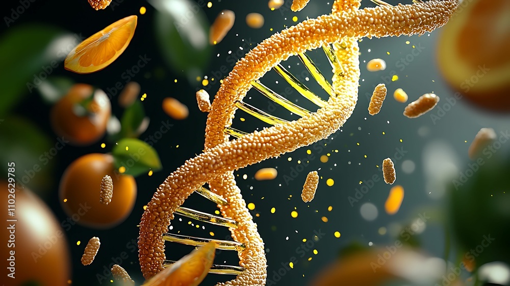 A vibrant depiction of a DNA helix intertwined with citrus fruits ...