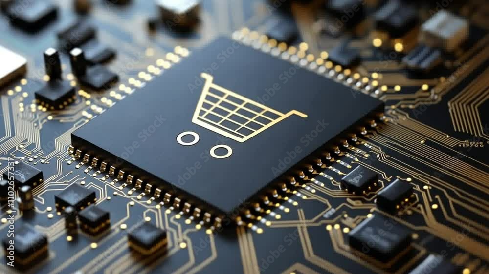 A microchip featuring a shopping cart icon, symbolizing e-commerce and ...
