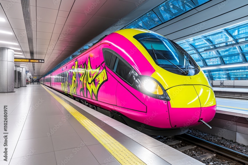 Artist spray-painting graffiti on a train, with bold colors and dynamic ...