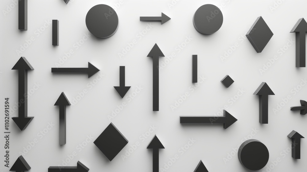 An abstract arrangement of black arrows and various shapes, including ...