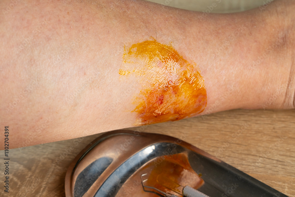 doctor treats large healing wound from on lower leg with scars of adult ...