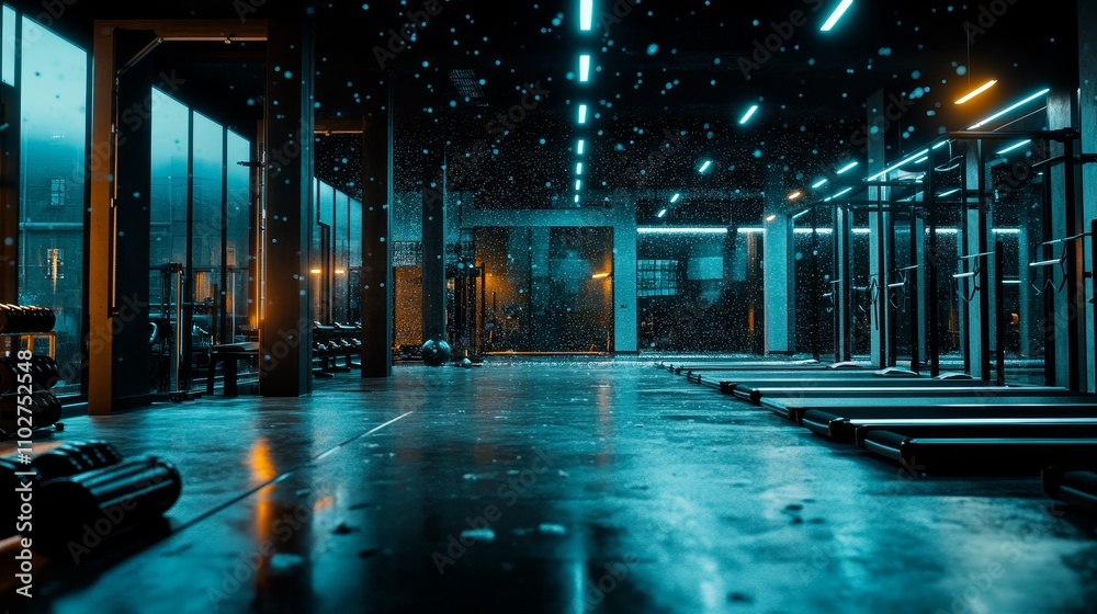 The surreal blurry background presents a dark professional gym ...