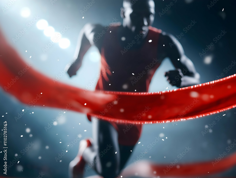 A runner breaking through a finish line ribbon, showcasing ...