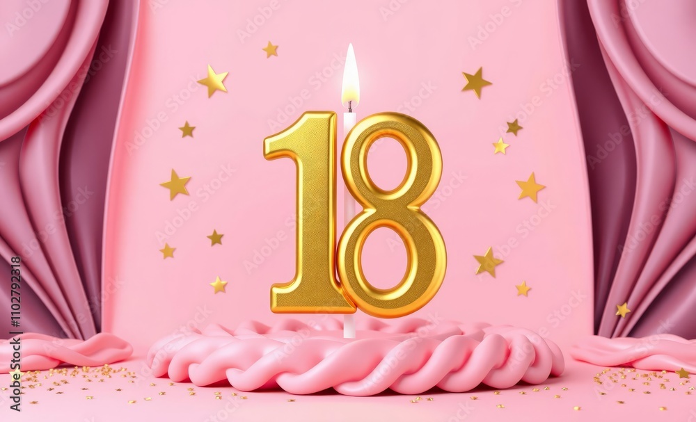 Gold number 18 candle surrounded by stars on a soft pink backdrop ...