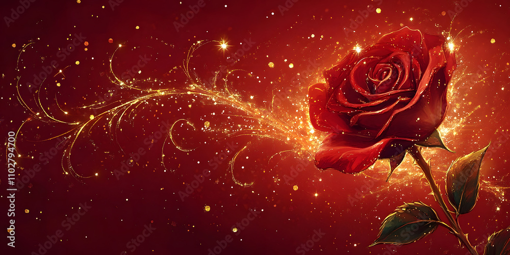 Romantic Red Rose Artwork, Glittering Red Rose Scene, Shimmering Rose ...