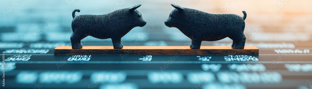 Stock Market Volatility Trends concept. Dramatic scale balancing bull and bear icons, intricate ...