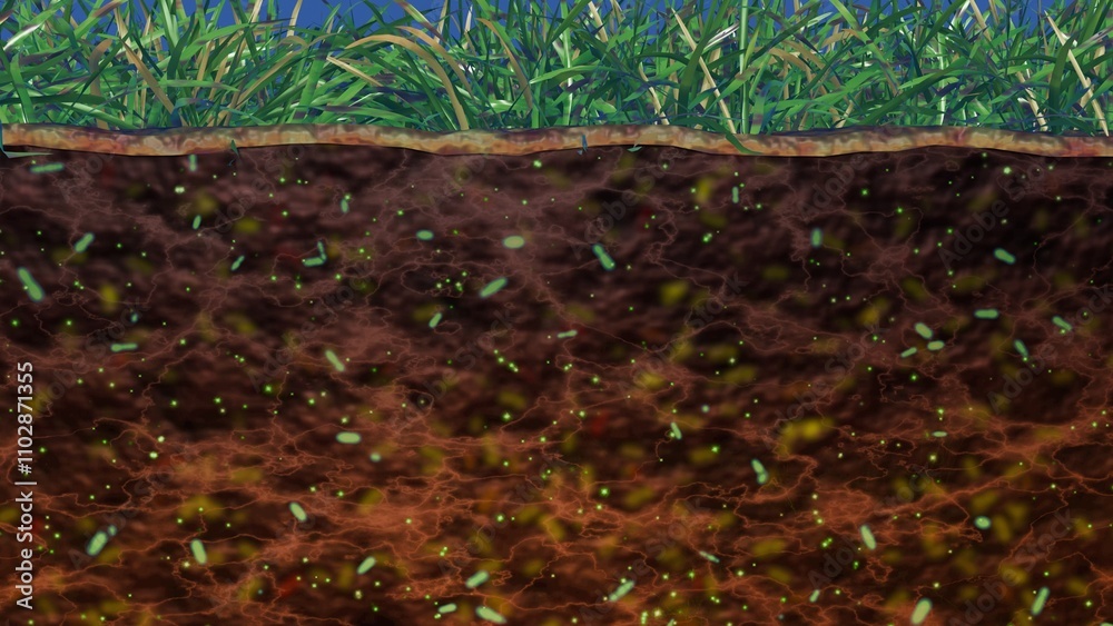 Soil microbiome. Bacteria, microbes in soil. Many micro-organisms in ...