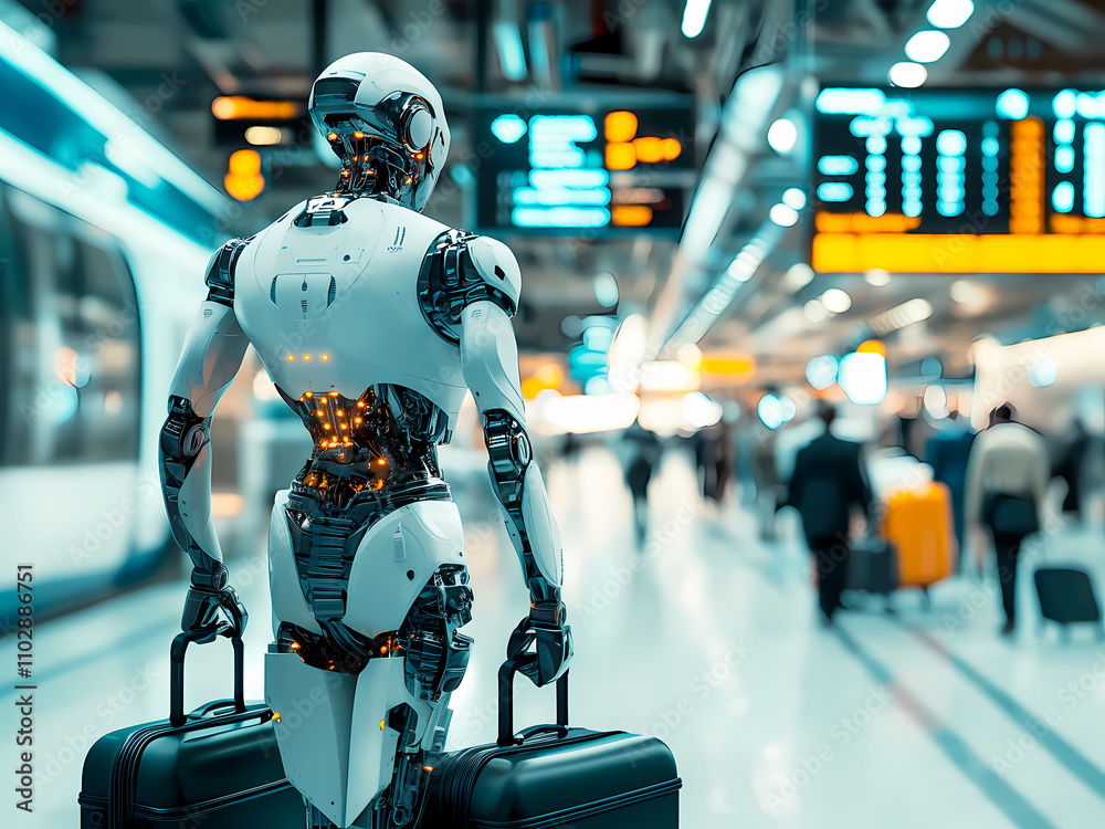 AI-Generated image of A robot is walking down a train station with a ...