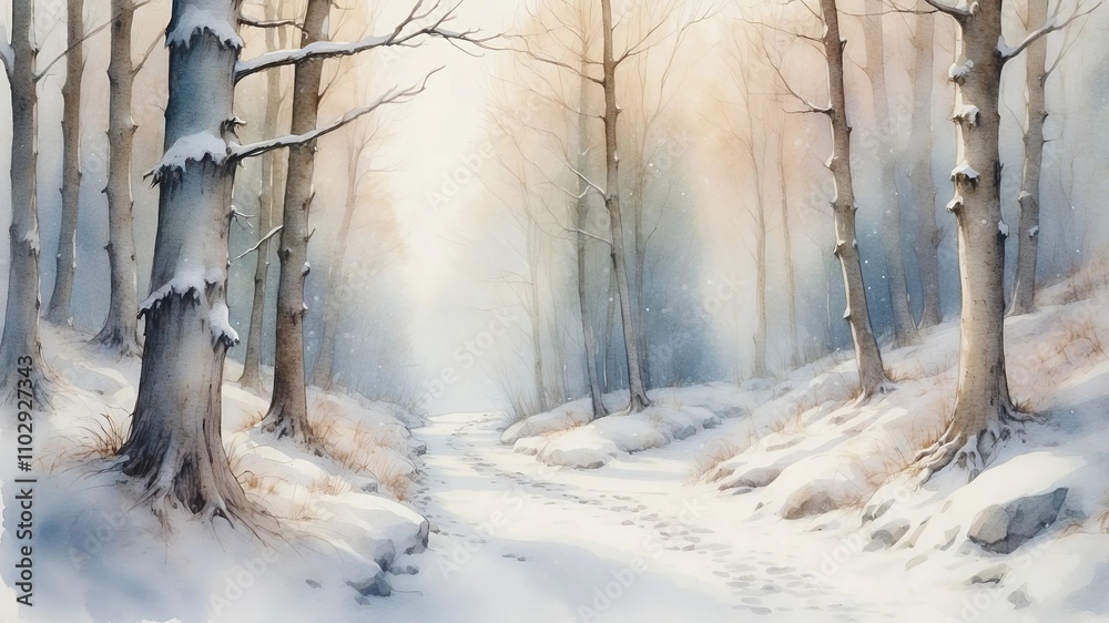 Watercolor snowy forest with a path through it. The trees are bare and ...