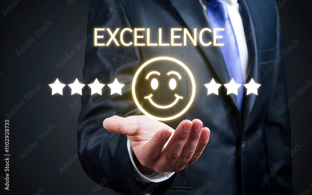 Excellence in Business: A businessman's open hand displays a glowing ...