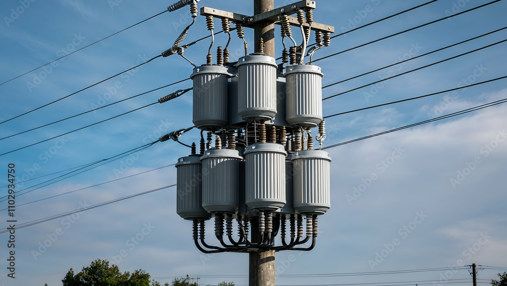 Utility pole with multiple transformers and power lines under blue sky ...