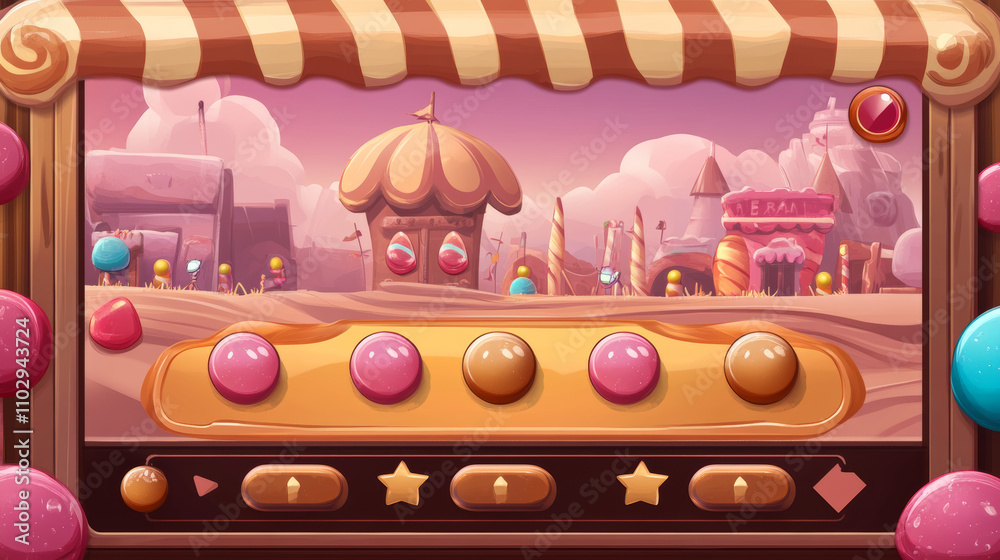 A mobile game with a candy theme. It has shiny buttons, a scoreboard ...