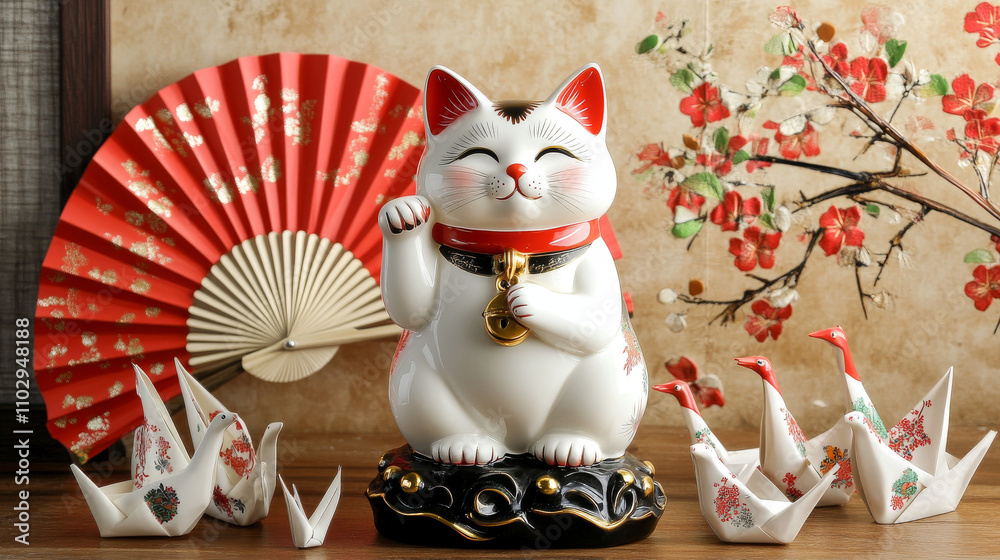 Lucky cat statues, red fans, and paper cranes are popular Japanese ...