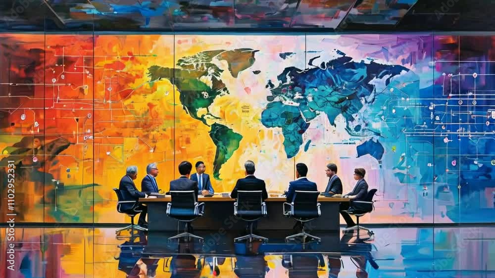 A business meeting in front of a colorful world map mural, emphasizing ...