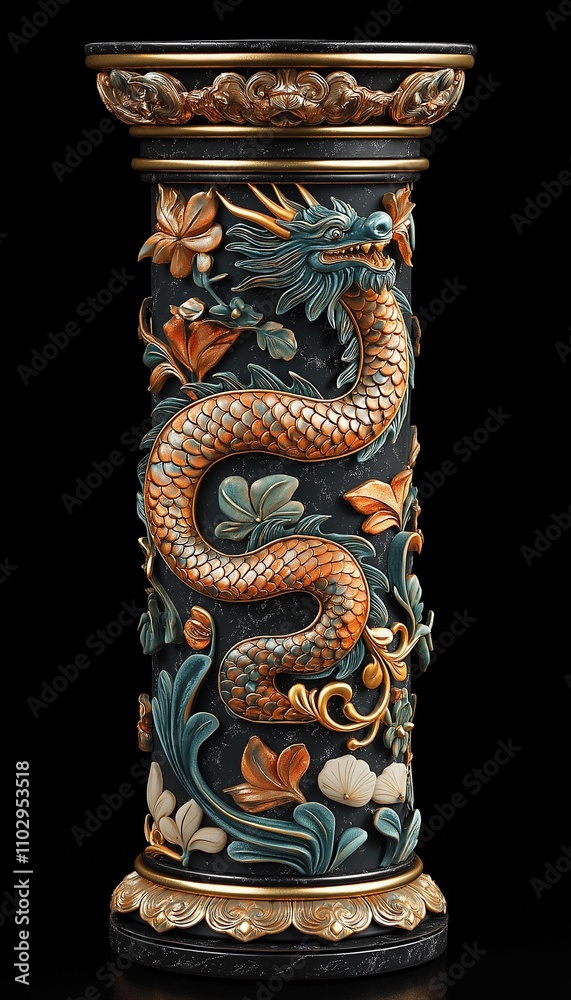 AI generator images of Long pillar with dragon elements, gold and rock ...