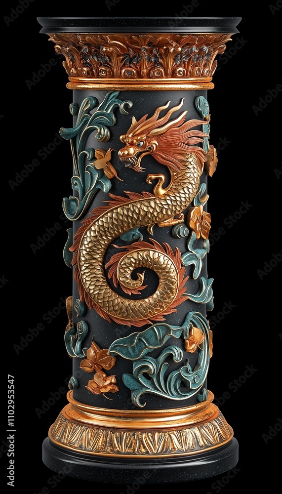 AI generator images of Long pillar with dragon elements, gold and rock ...