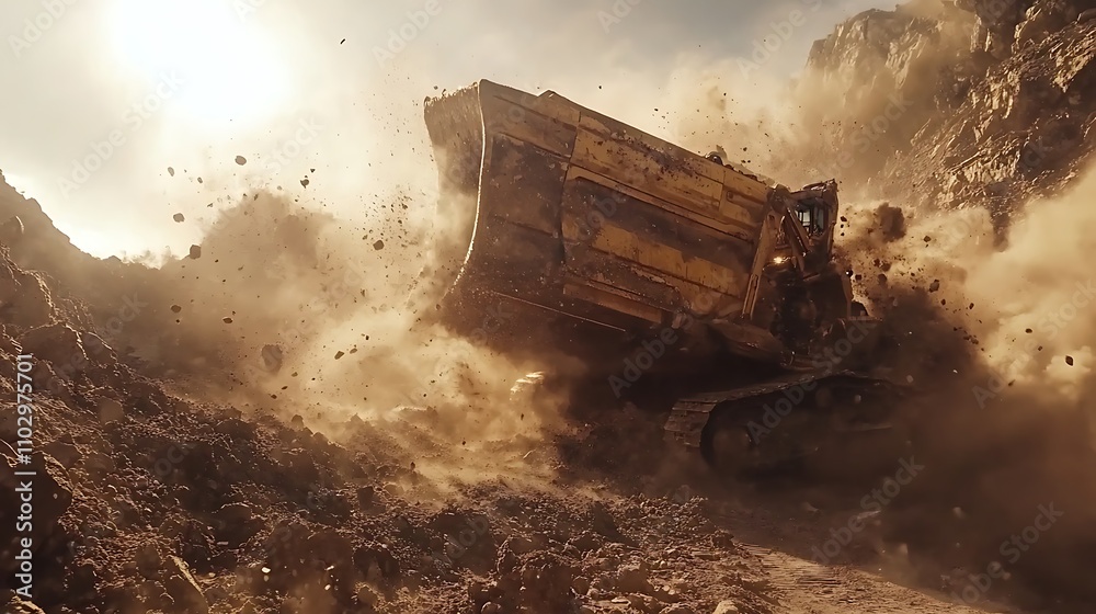 Dynamic shot of an excavator lifting a huge scoop of soil, dust ...