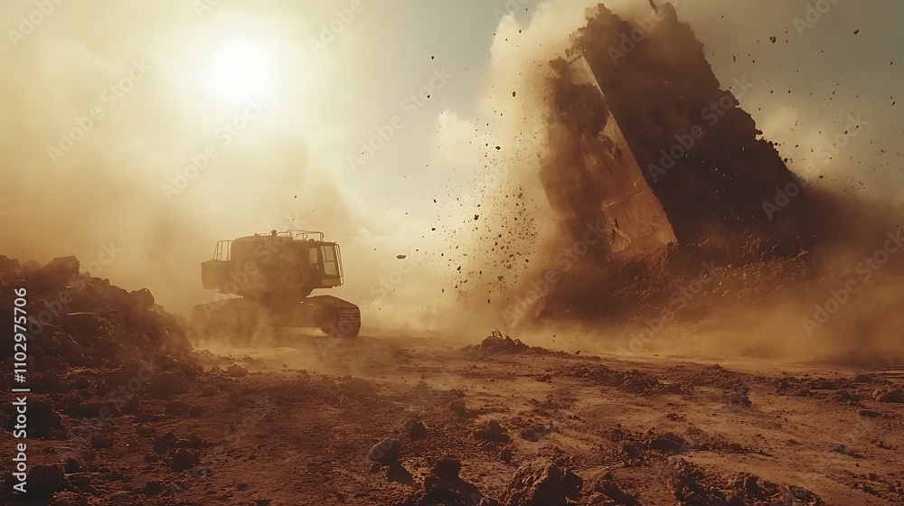Dynamic shot of an excavator lifting a huge scoop of soil, dust ...
