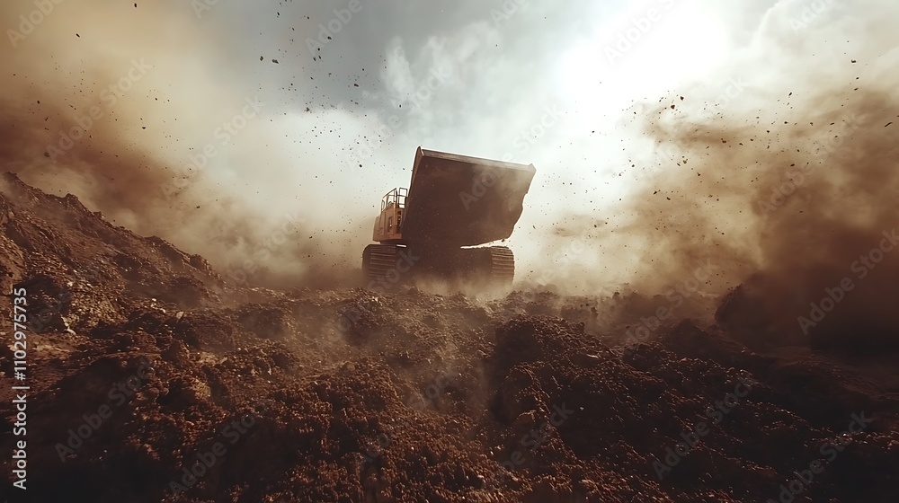 Dynamic shot of an excavator lifting a huge scoop of soil, dust ...