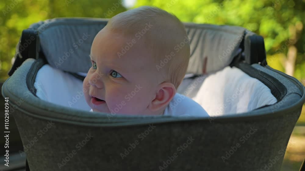 Close-up of a newborn baby's head sticking out of the cradle of a pram ...