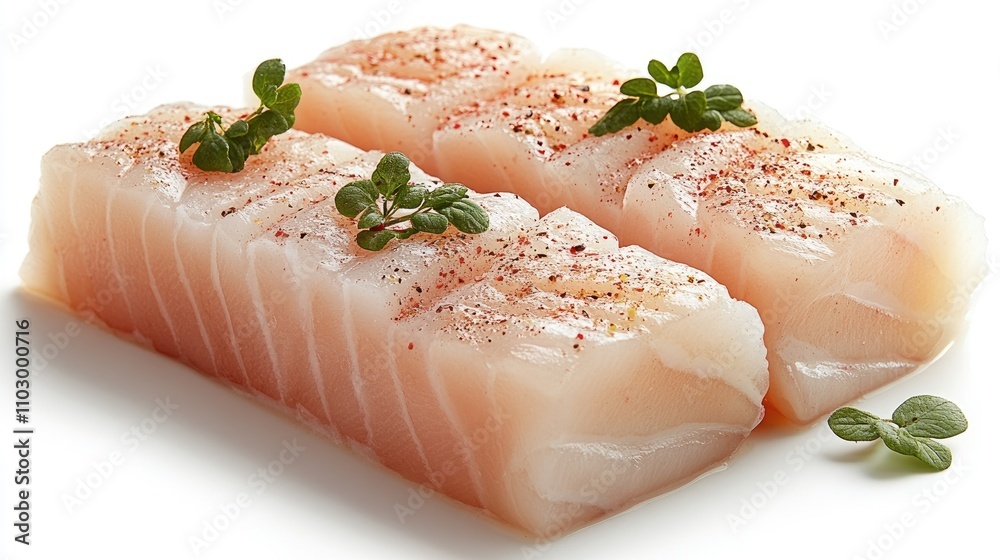 Fresh tilapia fish fillets seasoned with herbs placed on a clean white ...