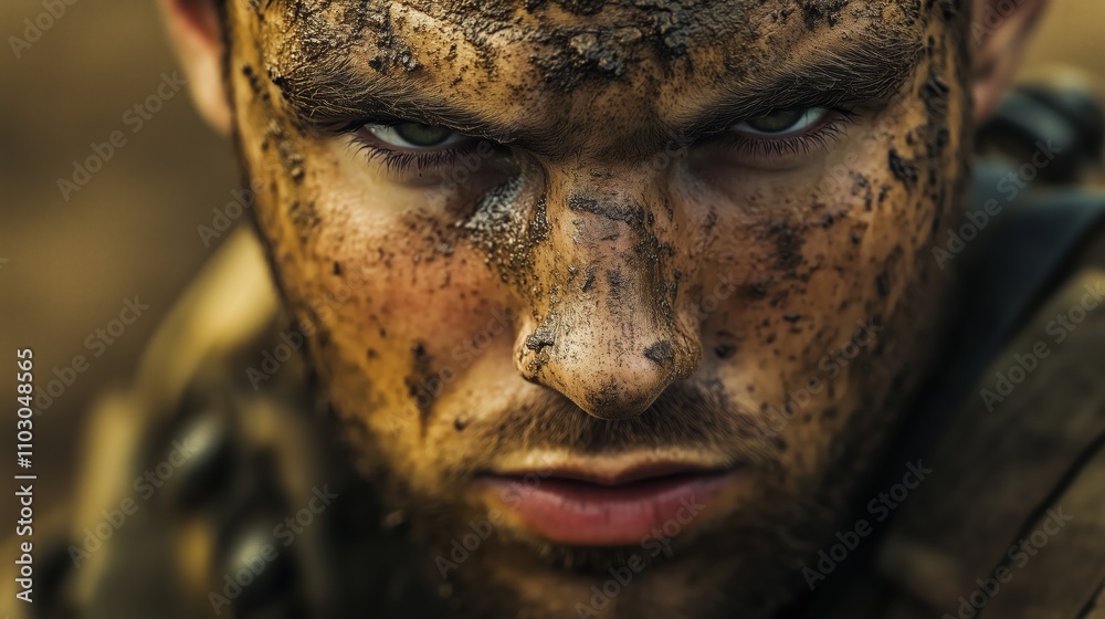 Warrior's Stare: Intense Look Amidst the Dirt - made with Generative AI ...