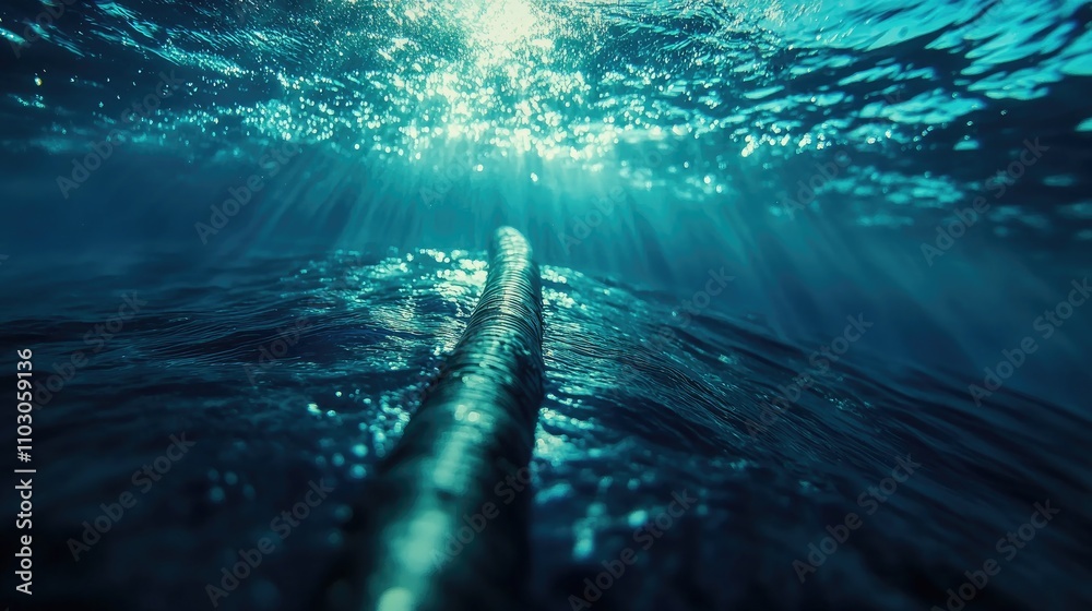 Submarine fiber optic cable submerged in ocean depths, serving as a ...