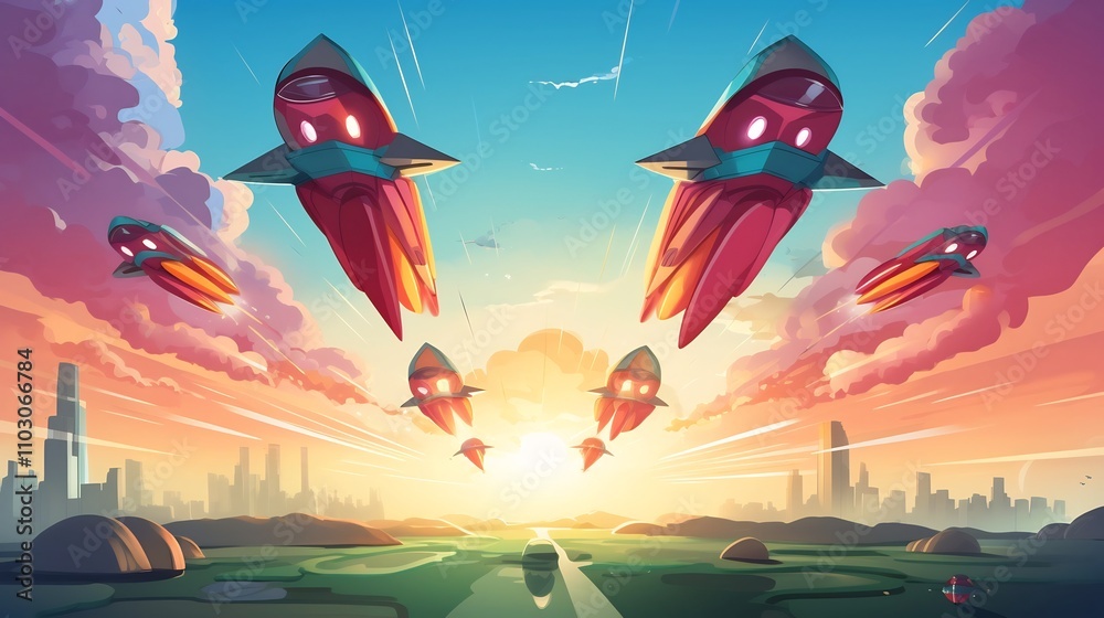 A group of cartoon missiles engaged in a high speed race through a ...