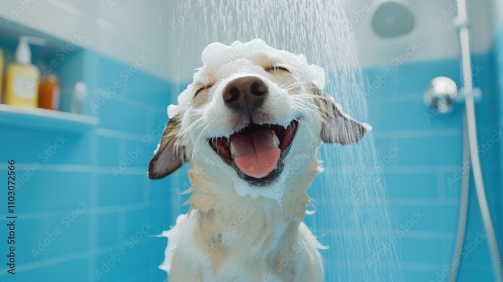 Happy dog with a big smile enjoying a bubbly shower in a vibrant blue ...