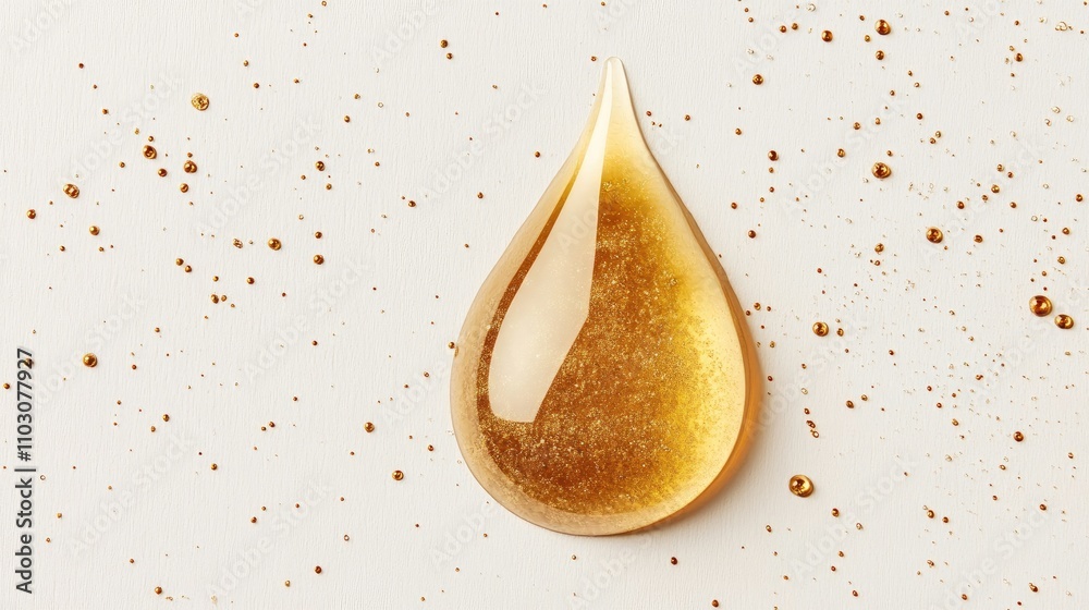 Glittering gold oil droplet positioned centrally against a stark white ...