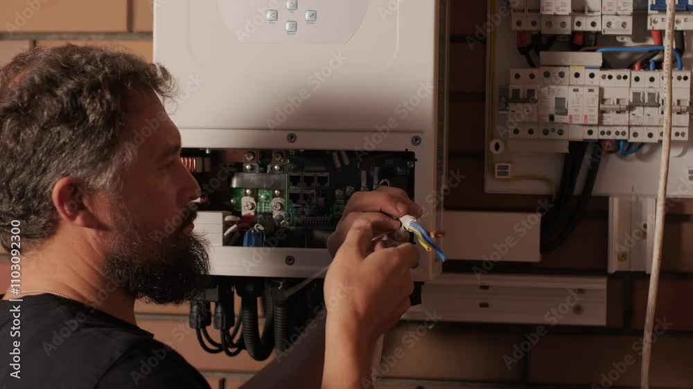 An electrician installing an inverter in a home. The image shows ...