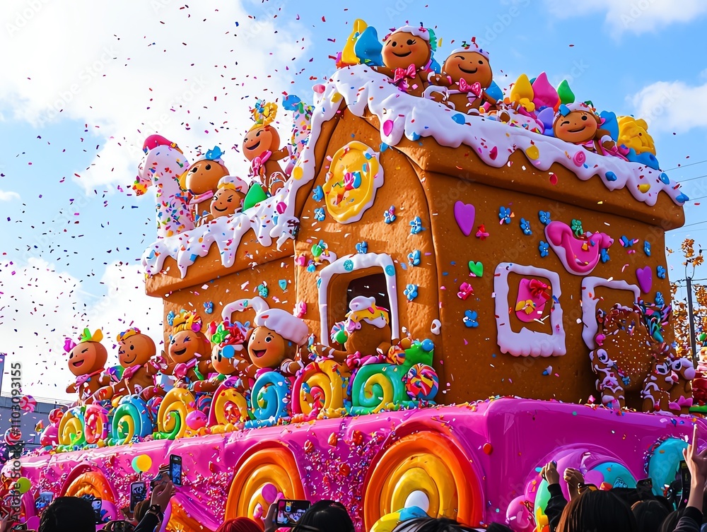 Magical kawaii parade featuring a massive gingerbread house float with ...