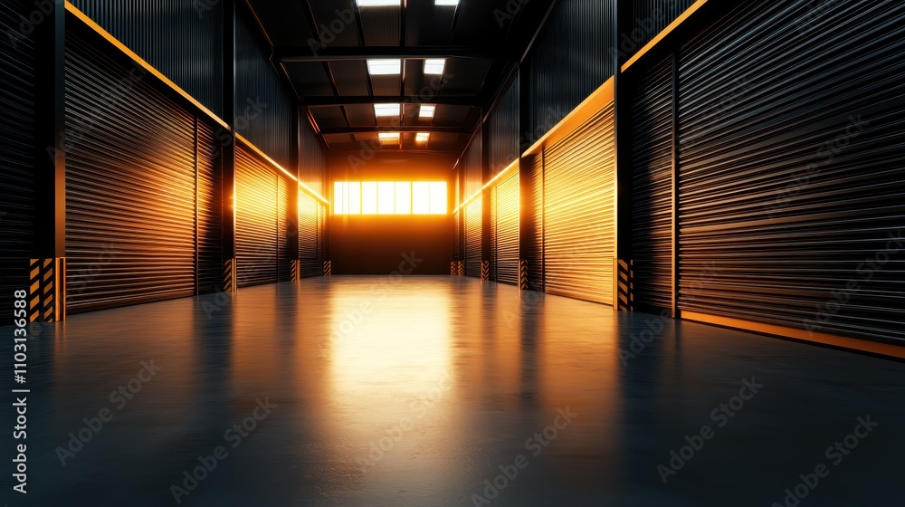 An expansive dark warehouse with a bright path of sunlight streaming ...