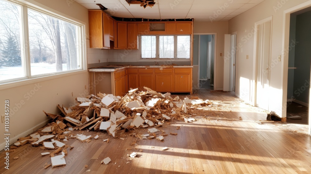 An abandoned kitchen space with wooden cabinets, showing scattered ...