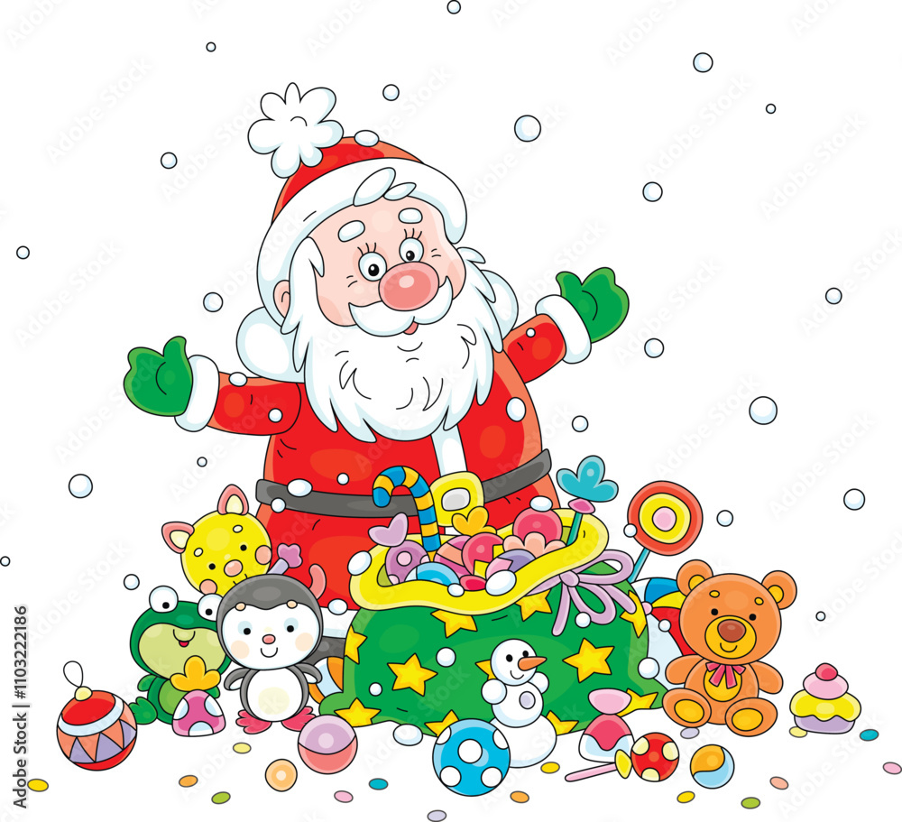 Santa Claus putting Christmas presents, toys and sweets in his magical ...