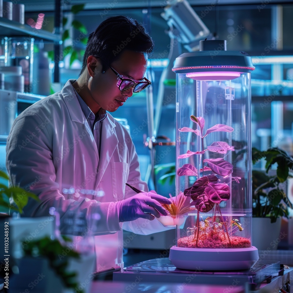 Bioengineer creating a plant-based air purifier device that lights up ...