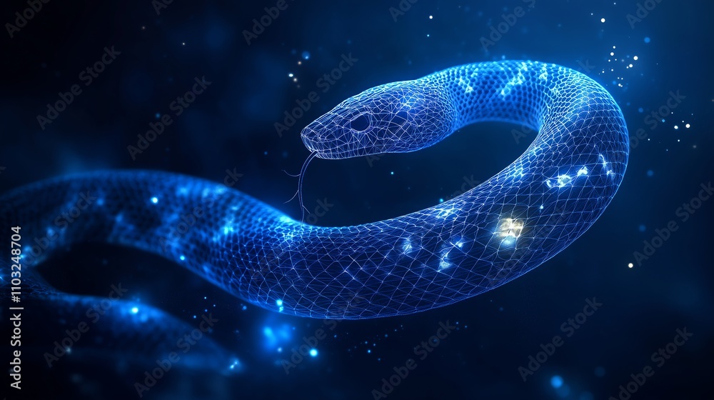 Abstract Blue Sea Snake on Dark Blue Background, Rendered in Low Poly ...