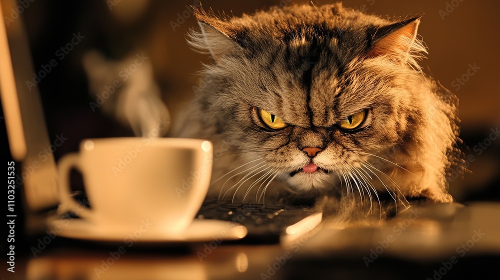 An angry computer cat typing on a keyboard while drinking coffee, with ...