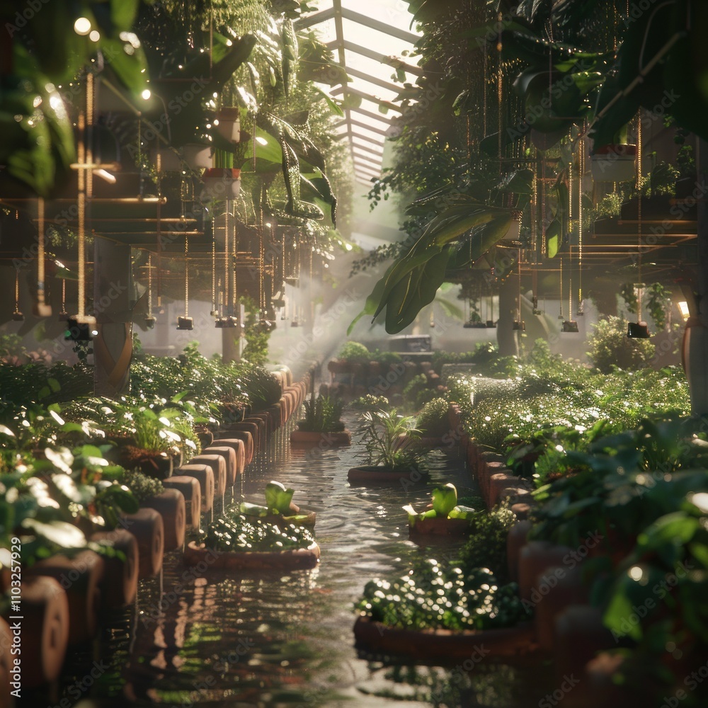 Hydroponic farming setup with nutrient-enriched water circulating ...