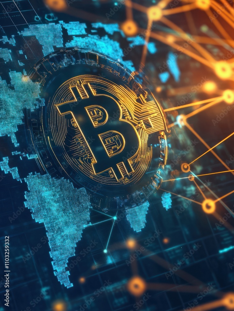 4IR on the background of polygon world map with blockchain technology ...