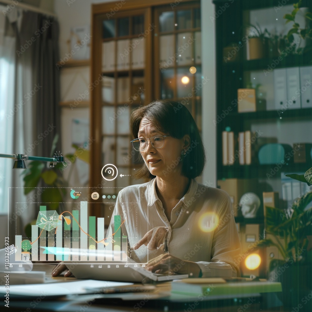 Small business owner studying an infographic with a bar chart on ...