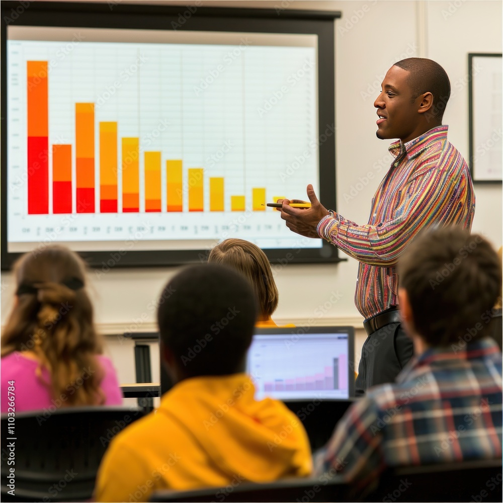 Teacher explaining a digital bar chart of class performance using a ...